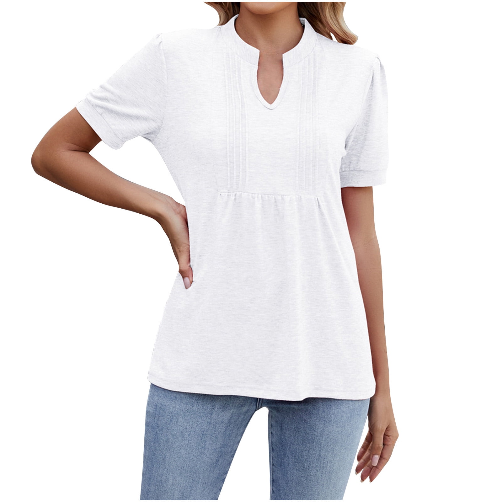 Fengactive Women's Notched V Neck Puff Short Sleeve Pleated Front ...