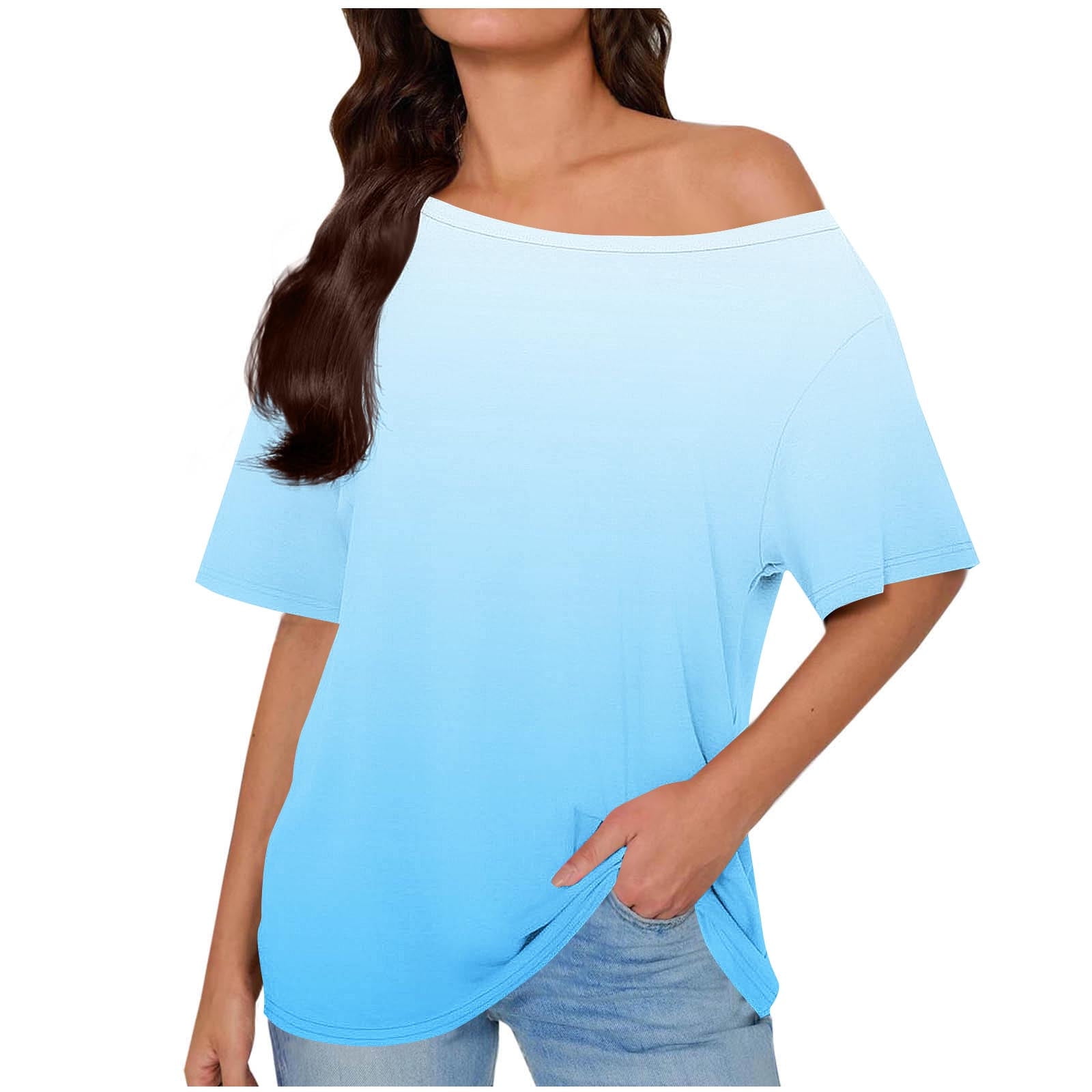 Fengactive Women's Off The Shoulder Tops Gradient T-Shirts Short Sleeve ...