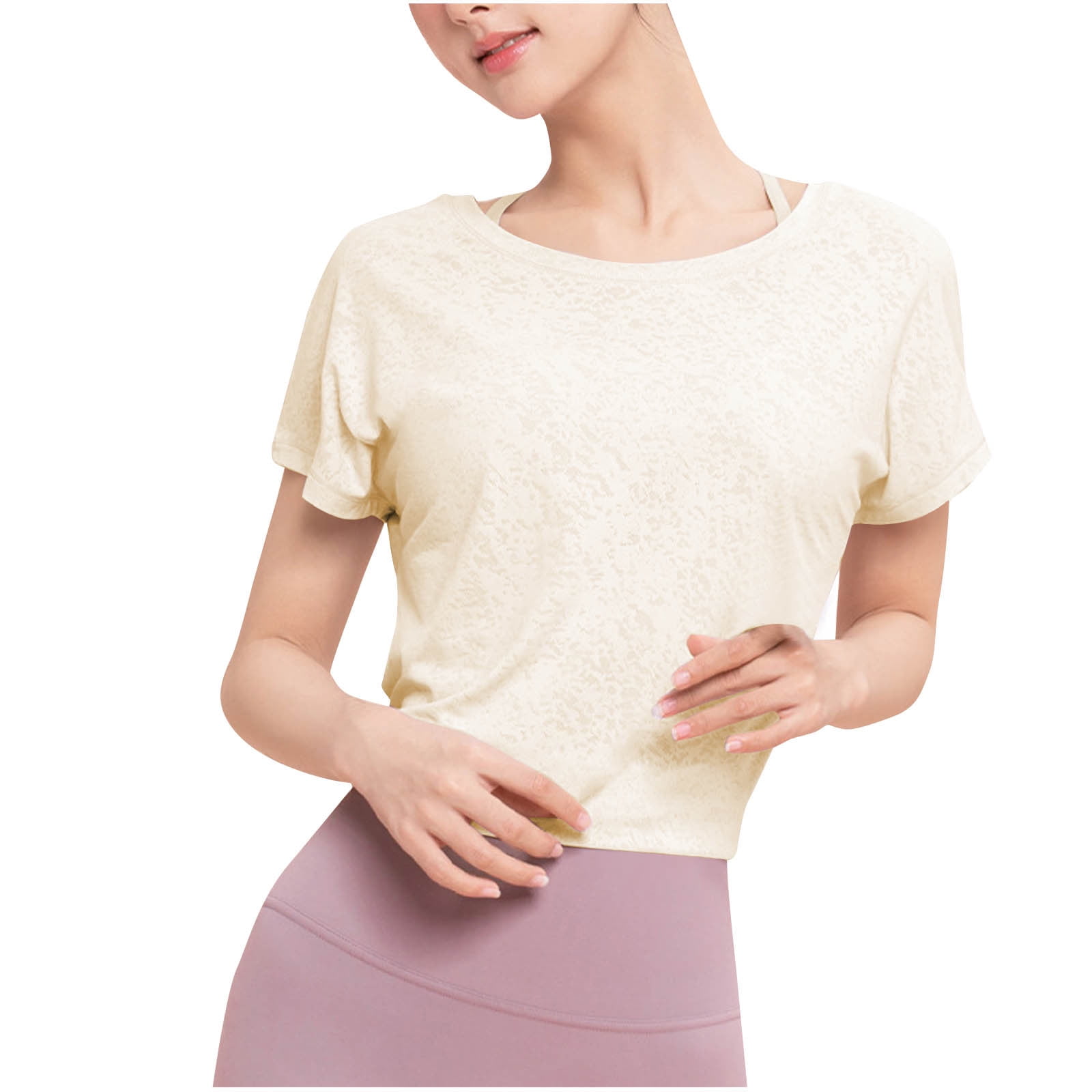 Fengactive Women's Open Tie Back Crop Yoga Tops Loose Short Sleeve ...