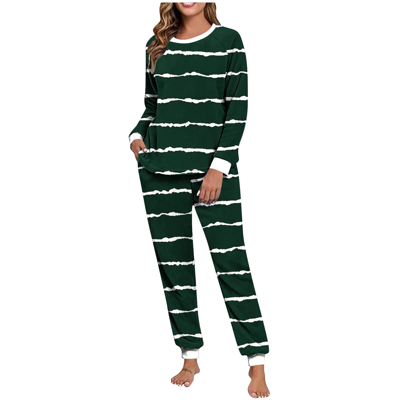 Fengactive Women's Pajamas Set 2 Piece Striped Plush Fall Winter Long ...