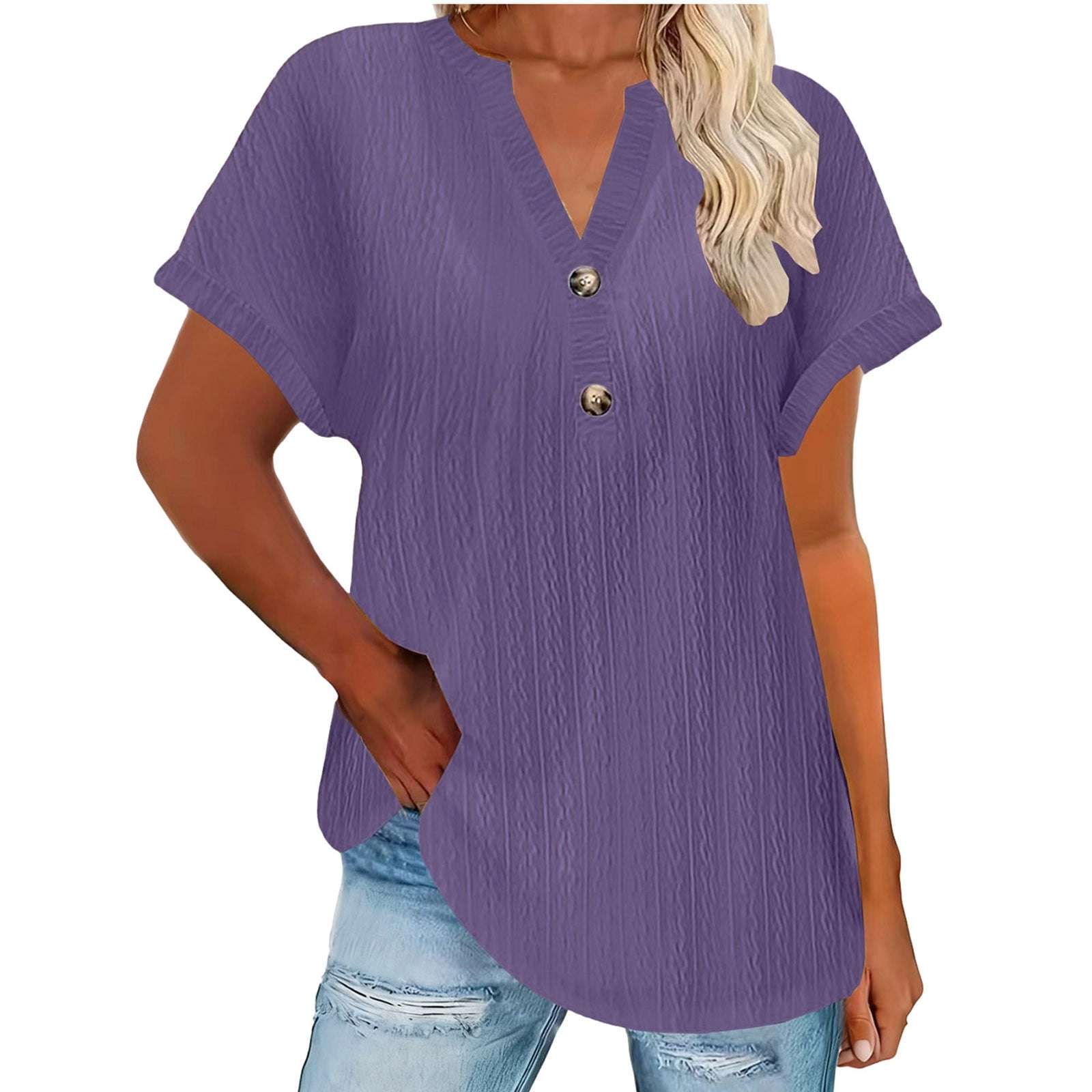 Fengactive Women's Plus Size Short Sleeves Button V Neck Tshirts ...