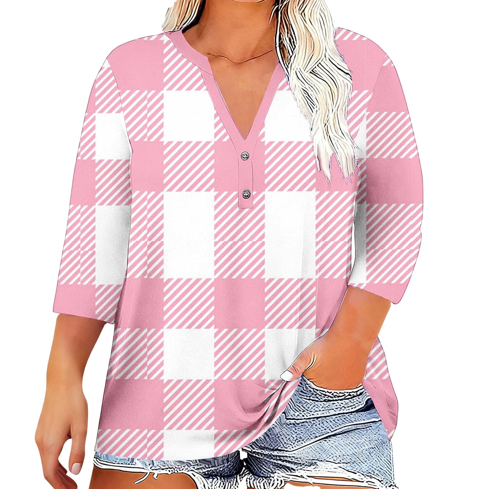 Fengactive Women's Plus Size Top V Neck Shirt 3/4 Sleeve Button Front ...