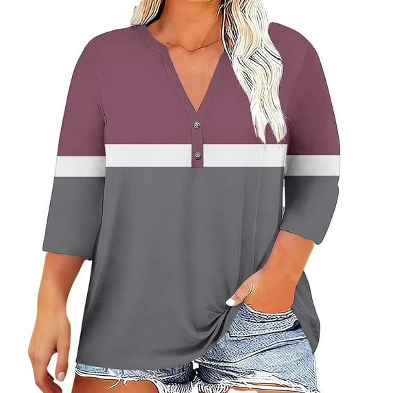 Fengactive Women's Plus Size Tops V Neck 3/4 Sleeve Button Down Casual ...