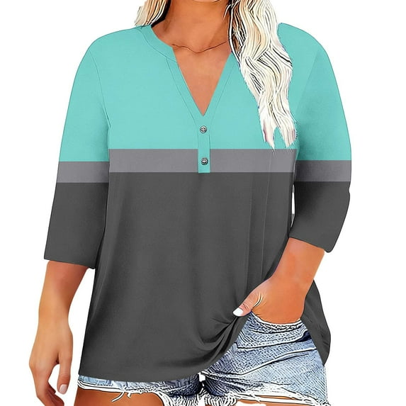 Fengactive Women's Plus Size Tops V Neck 3/4 Sleeve Button Down Casual ...
