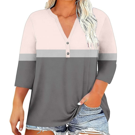 Fengactive Women's Plus Size Tops V Neck 3/4 Sleeve Button Down Casual ...