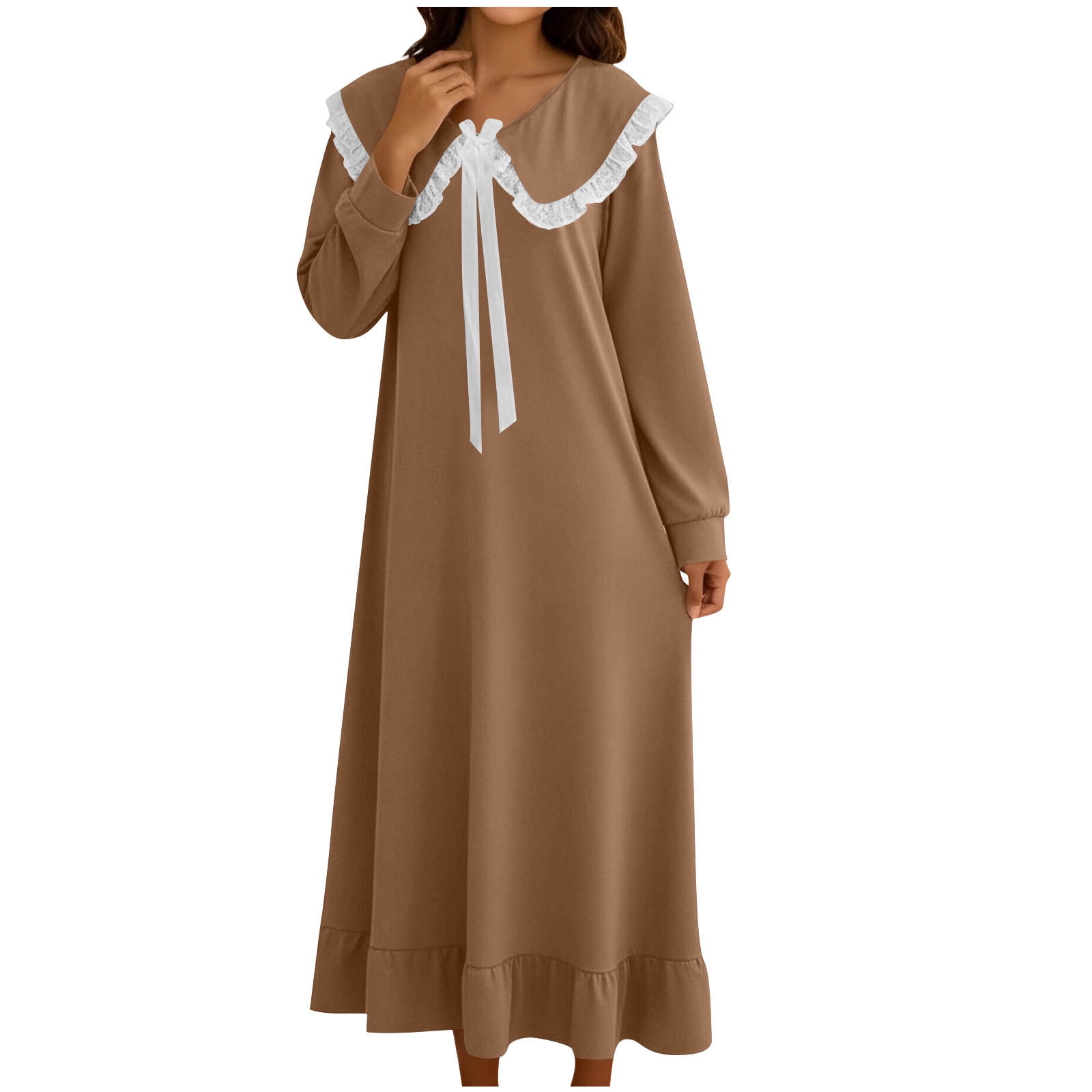 Fengactive Women's Ruffle Cute Collared Nightgown Long Sleeve Loose ...