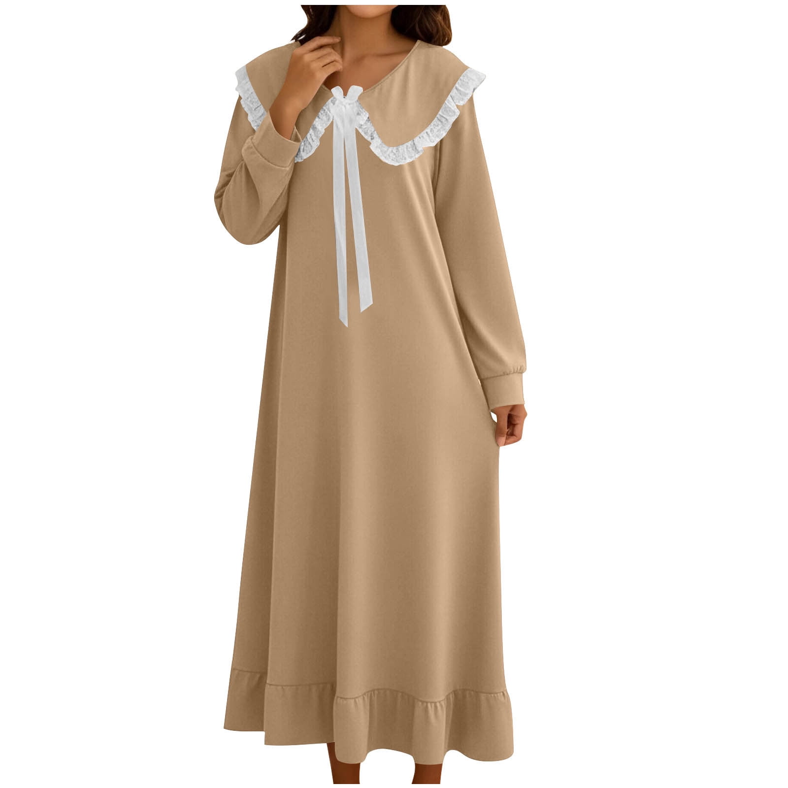 Fengactive Women's Ruffle Cute Collared Nightgown Long Sleeve Loose ...