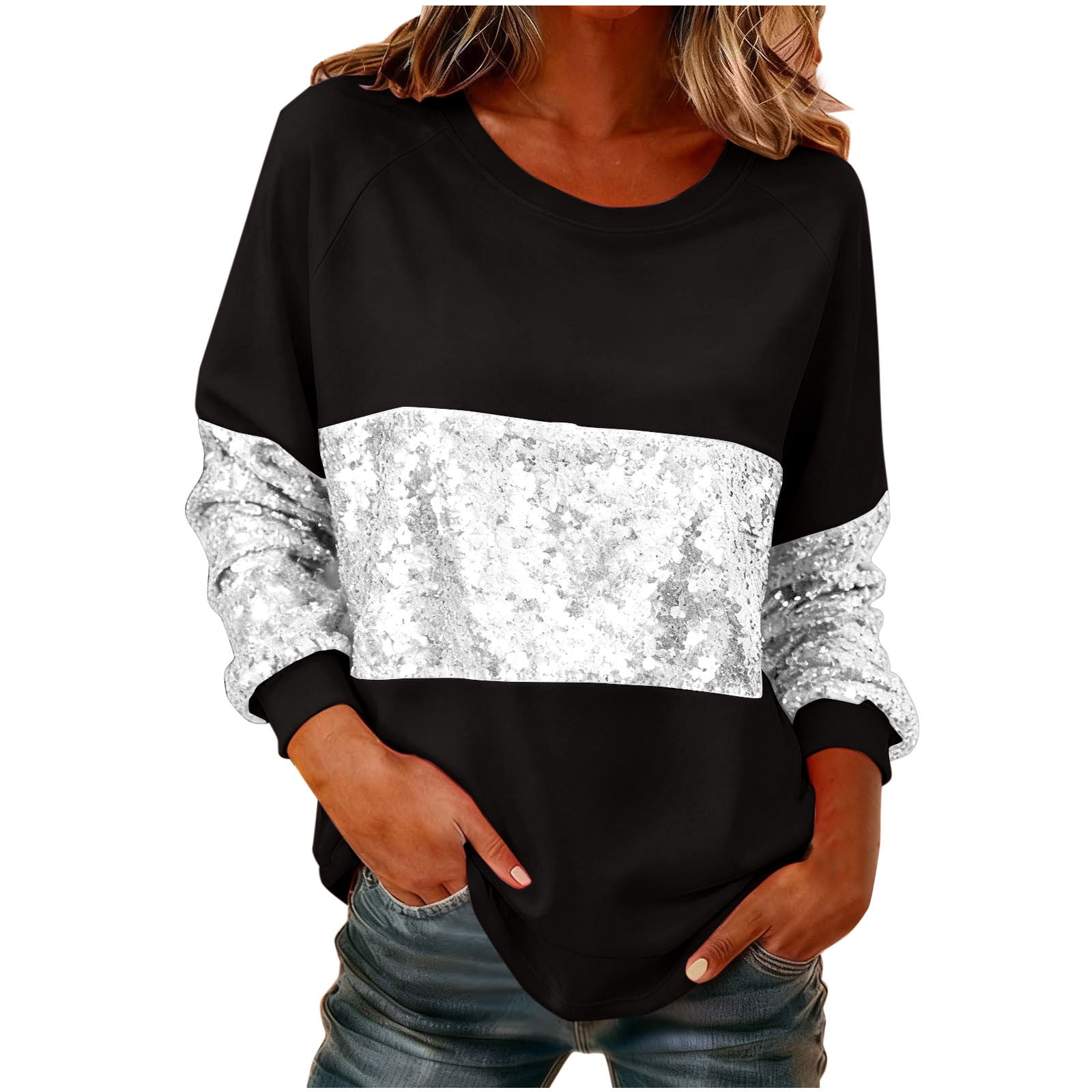 Fengactive Women's Sequin Long Sleeve Blouses Trendy Crewneck Shimmer ...