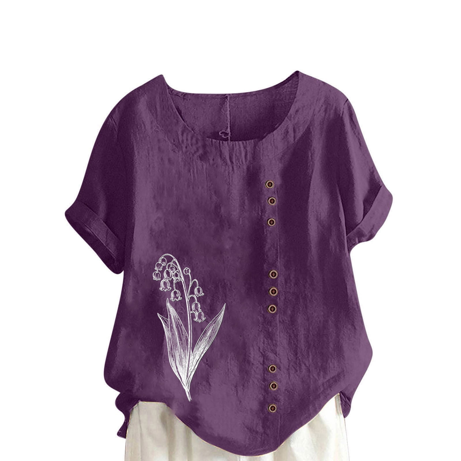 Fengactive Women's Short Sleeve Crew Neck Tops Printed Shirts Button ...