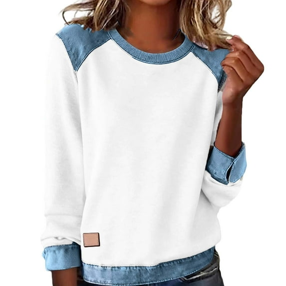 Fengactive Women's Spring Denim Patchwork Tops Dressy Loose Crewneck ...
