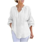 Fengactive Women's Summer Cotton Linen Lantern Sleeve Button V-Neck ...