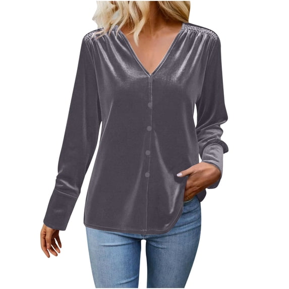 Fengactive Women's Velvet Tops Long Sleeve V Neck Button Down Shirts ...