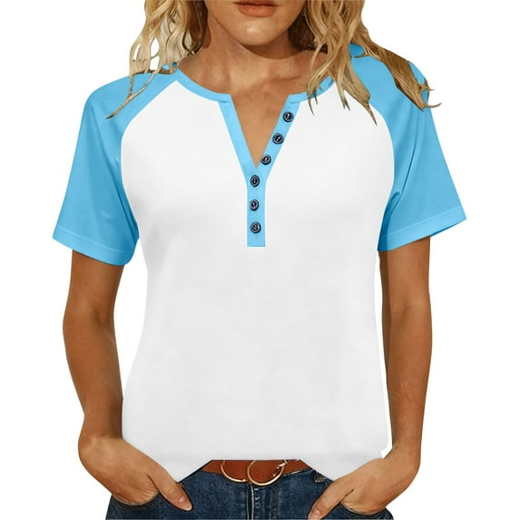 Fengactive Womens 3/4 Raglan Sleeve Shirts Button V Neck Tops Loose ...