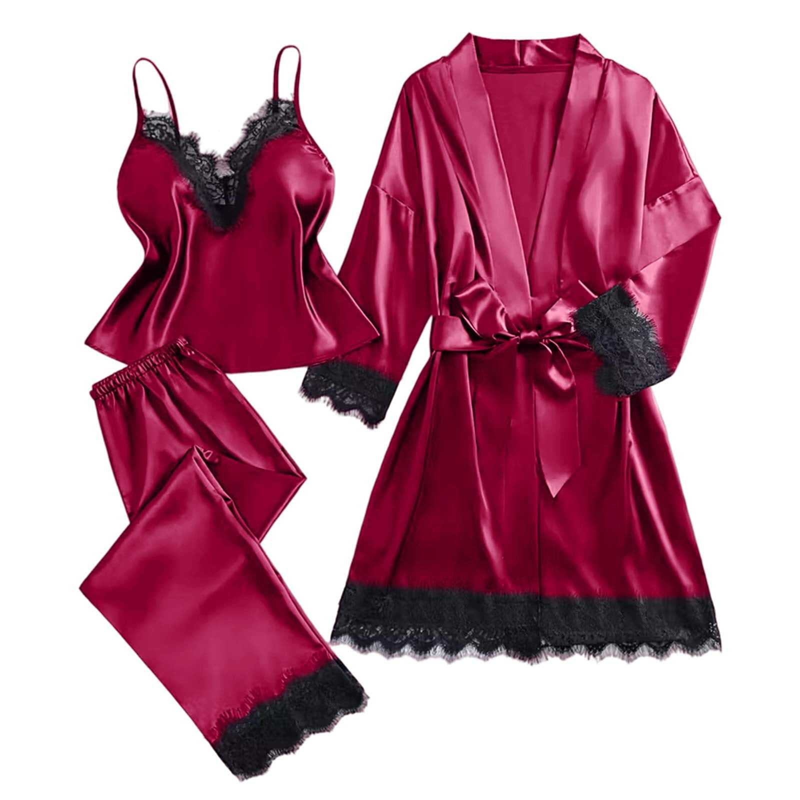 Fengactive Womens 3 Piece Satin Pajama Set Lace Trim Cami Kimono Robe ...