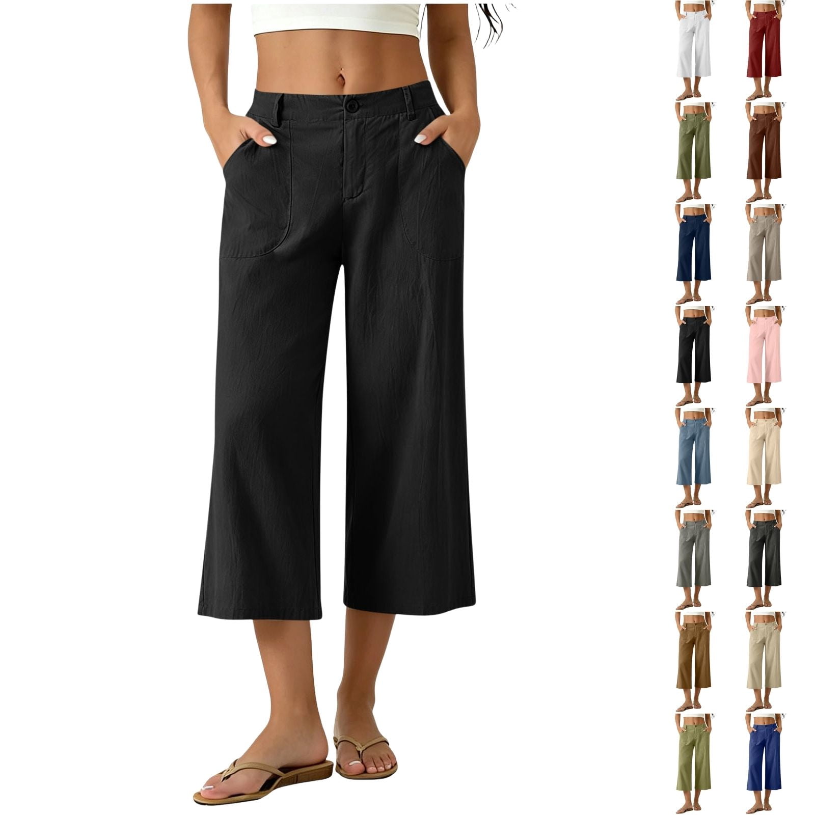 Fengactive Womens Button Zip Front Straight Leg Capri Pants Half ...