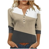 Fengactive Womens Color Block 3/4 Sleeve T Shirts Casual V Neck Button ...