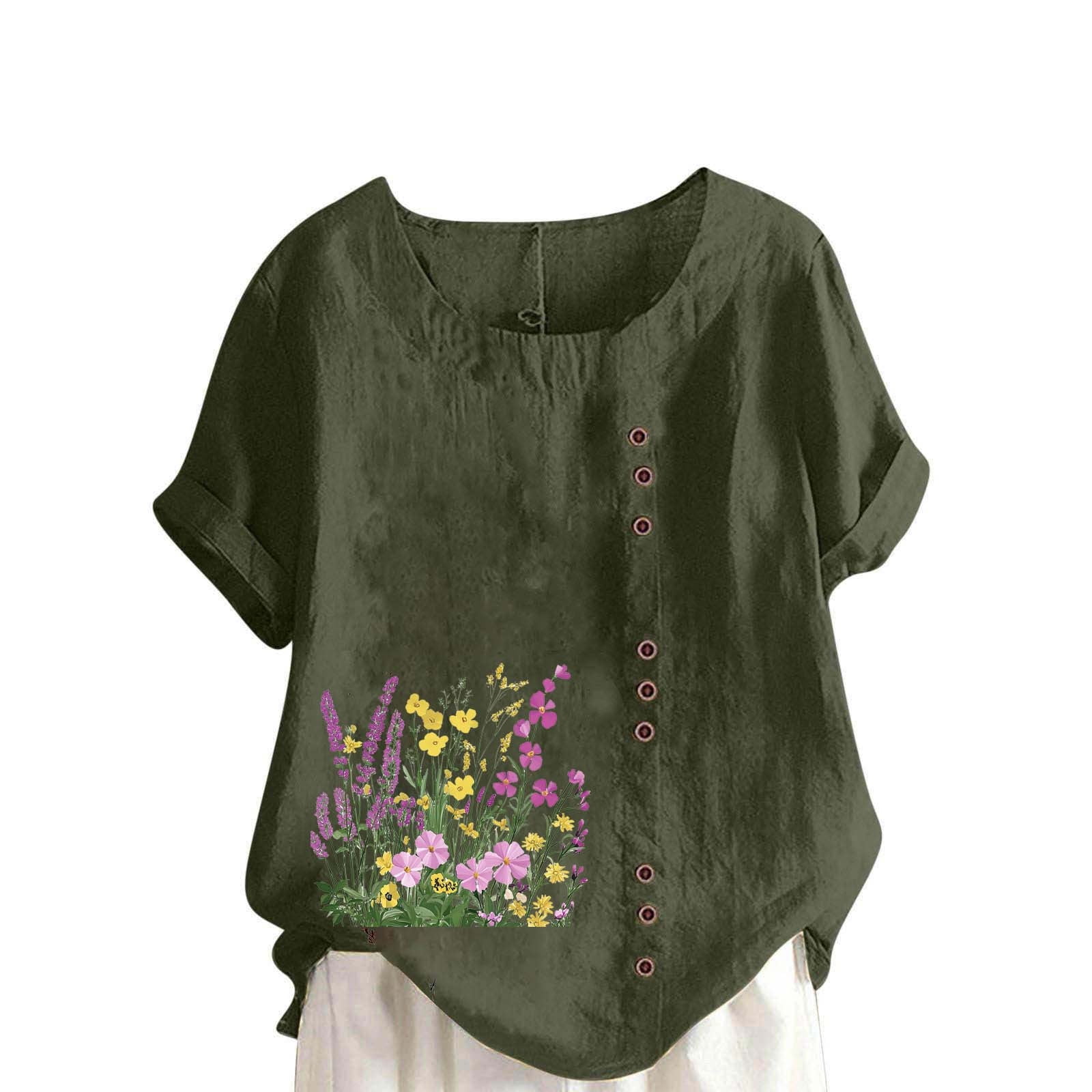 Fengactive Womens Crew Neck Floral Print Shirts Short Sleeve Tops Loose ...