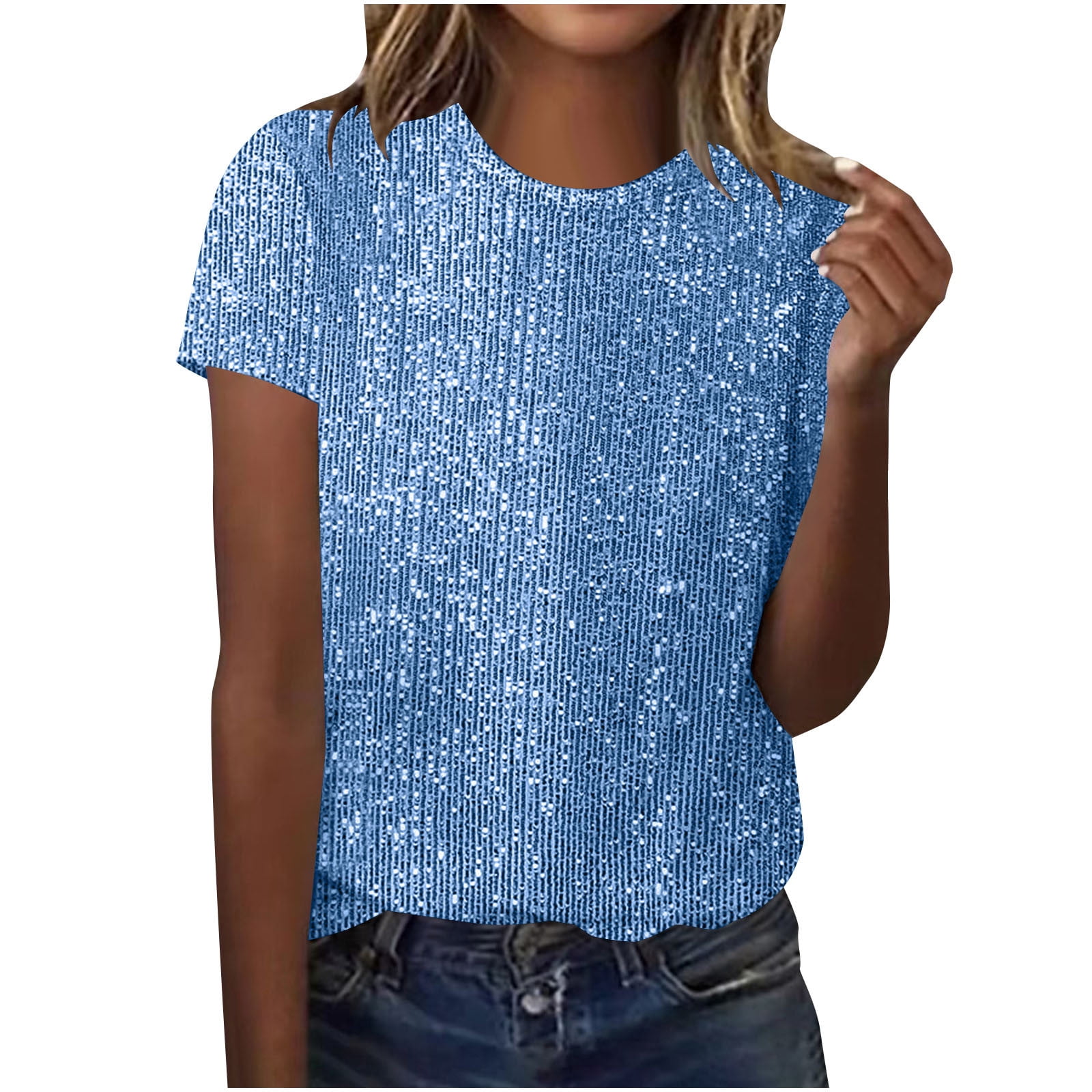 Fengactive Womens Crewneck T Shirts Fashion Sparkly Sequin Short Sleeve ...