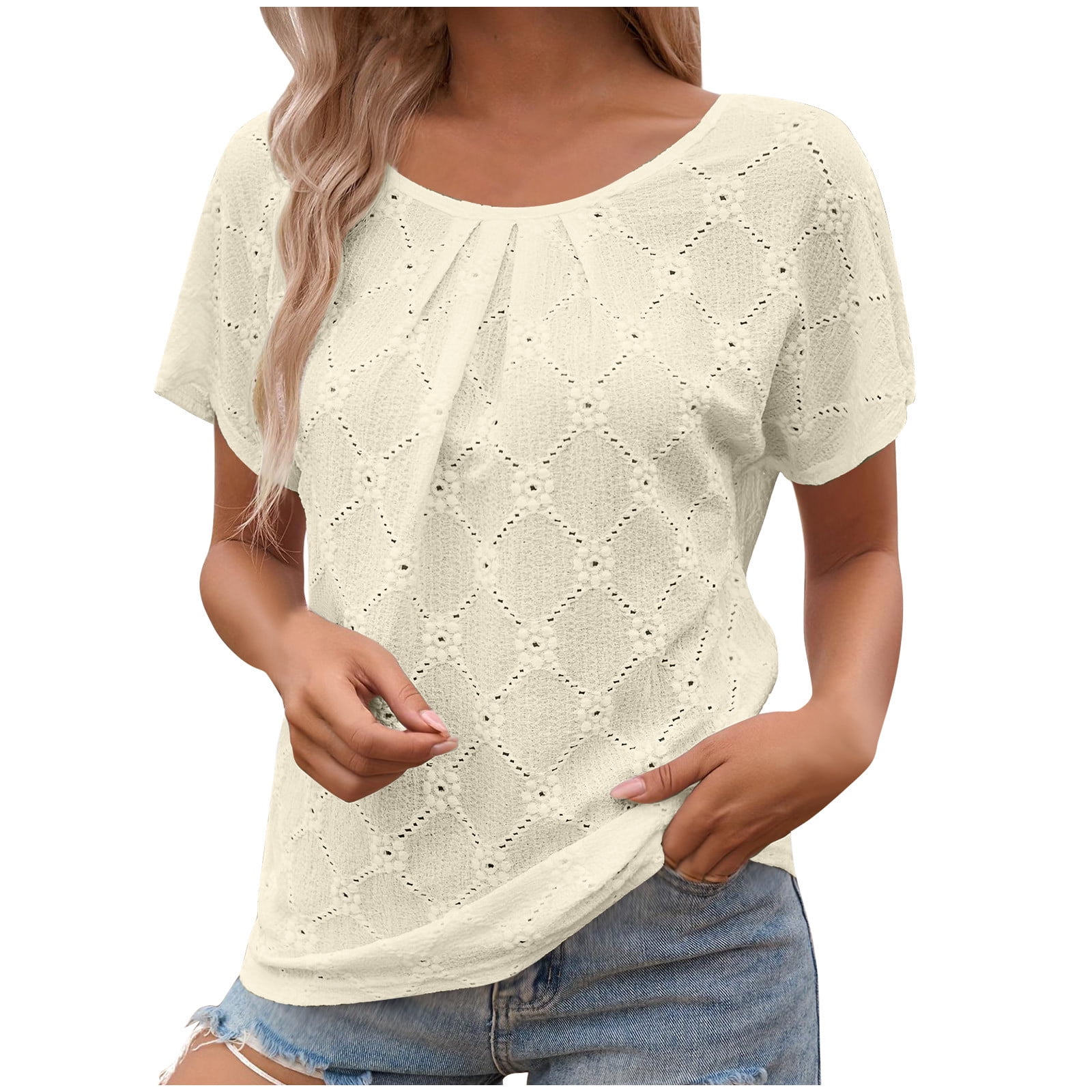 Fengactive Womens Lace Crochet Open Back Tops Summer Boho Short Sleeve ...