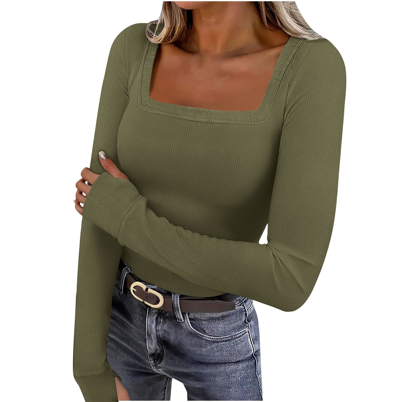 Fengactive Womens Long Sleeve Scoop Neck Ribbed Knit Fitted Casual Tops ...