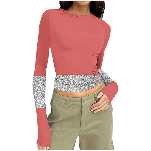 Fengactive Womens Long Sleeve T Shirts Glitter Sequin Fashion Basic ...
