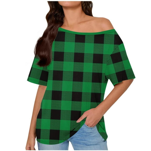 Fengactive Womens Off The Shoulder Tops Short Sleeve T-Shirts Plaid ...