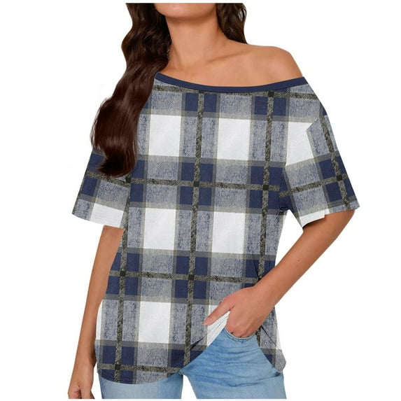 Fengactive Womens Off The Shoulder Tops Short Sleeve T-Shirts Plaid ...