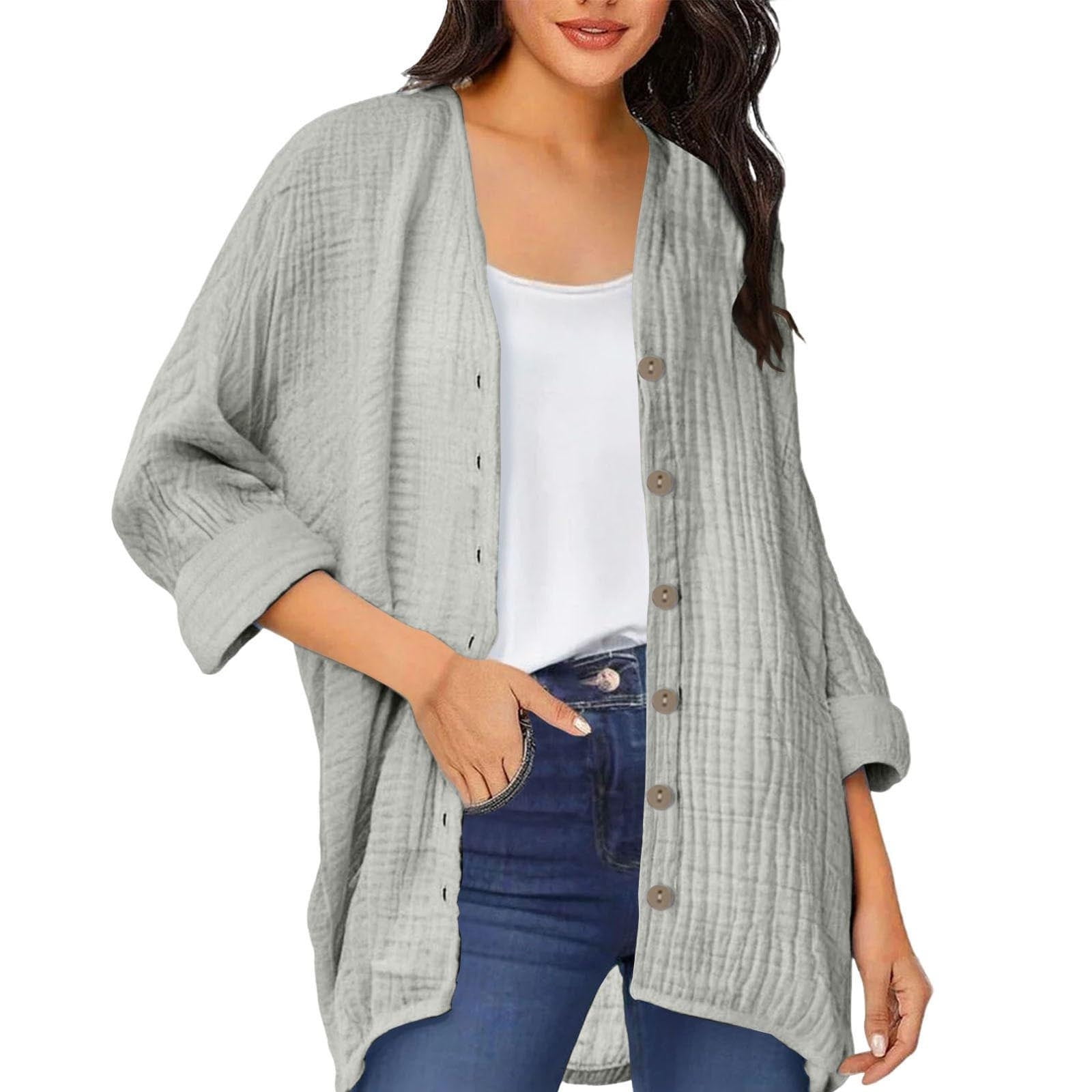 Fengactive Womens Open Front Cardigan Shirt Soft 3/4 Sleeve Lightweight ...