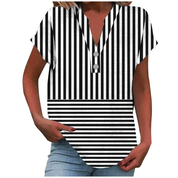 Fengactive Womens Plus Size Striped Tops Cap Sleeves V-Neck Button ...