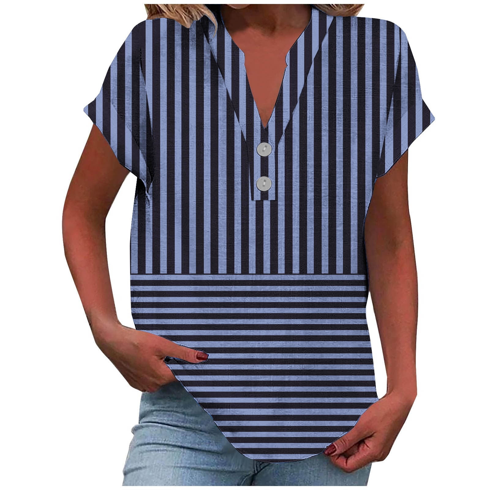 Fengactive Womens Plus Size Striped Tops Cap Sleeves V-Neck Button ...