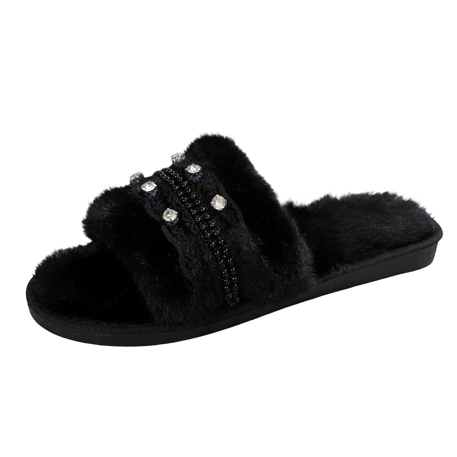 Fengactive Womens Plush Double Strap Slide Slippers with Rhinestone ...
