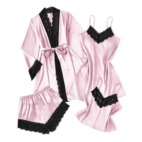 Fengactive Womens Satin 4 Piece Nightwear Set Lace Robe Camisole Pants ...