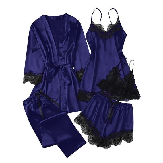 Fengactive Womens Satin 5 Piece Nightwear Set Lace Robe Camisole Pants ...