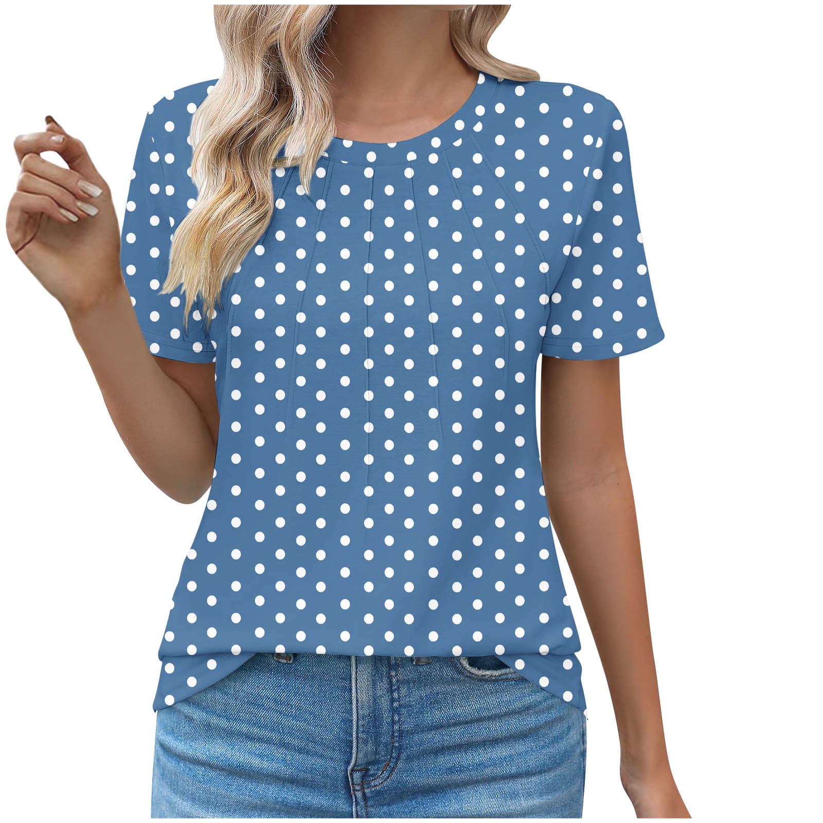 Fengactive Womens Short Sleeve Polka Dot Shirts Solid Color Summer Tops ...