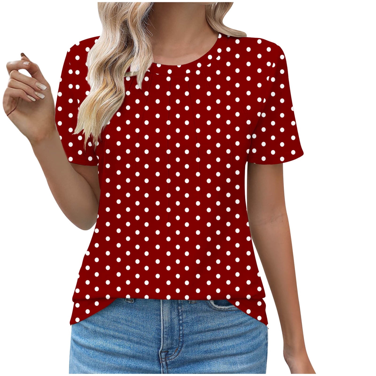 Fengactive Womens Short Sleeve Polka Dot Shirts Solid Color Summer Tops ...