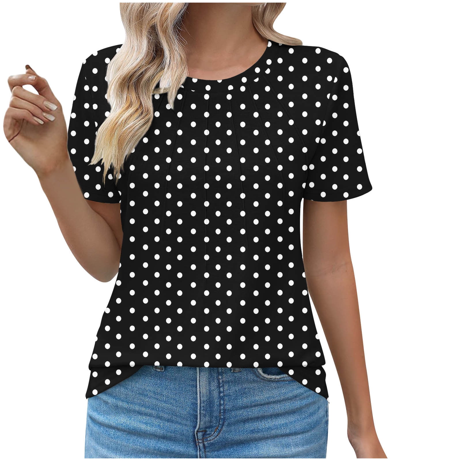 Fengactive Womens Short Sleeve Polka Dot Shirts Solid Color Summer Tops ...