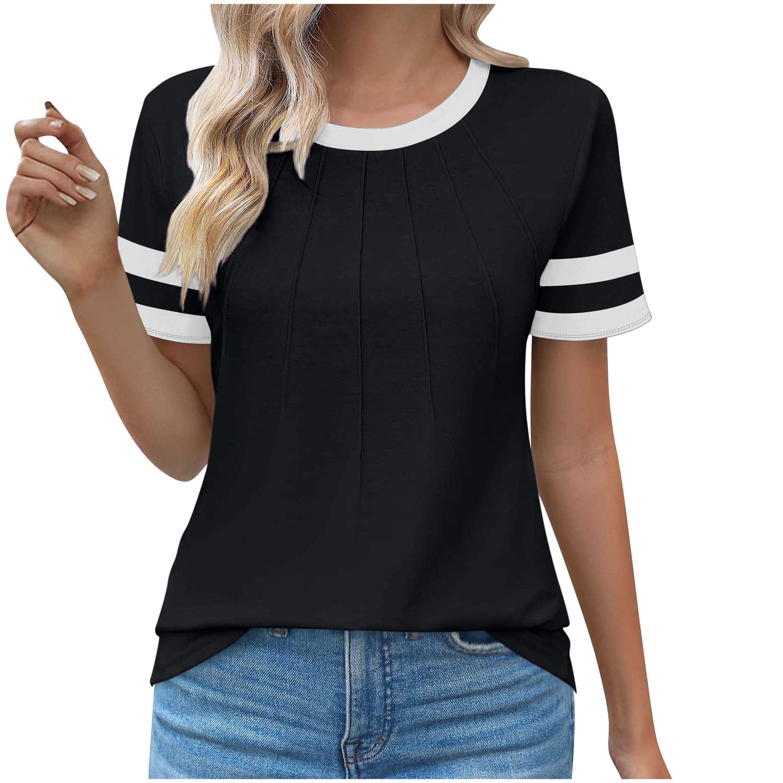 Fengactive Womens Short Sleeve T-Shirts Summer Tops Casual Color Block ...
