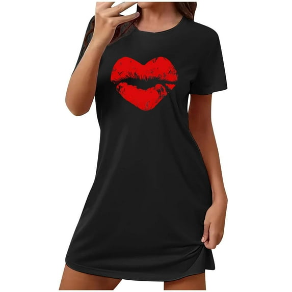 Fengactive Womens Sleep Shirt Dress Cozy Short Sleeve Nightgowns Heart ...