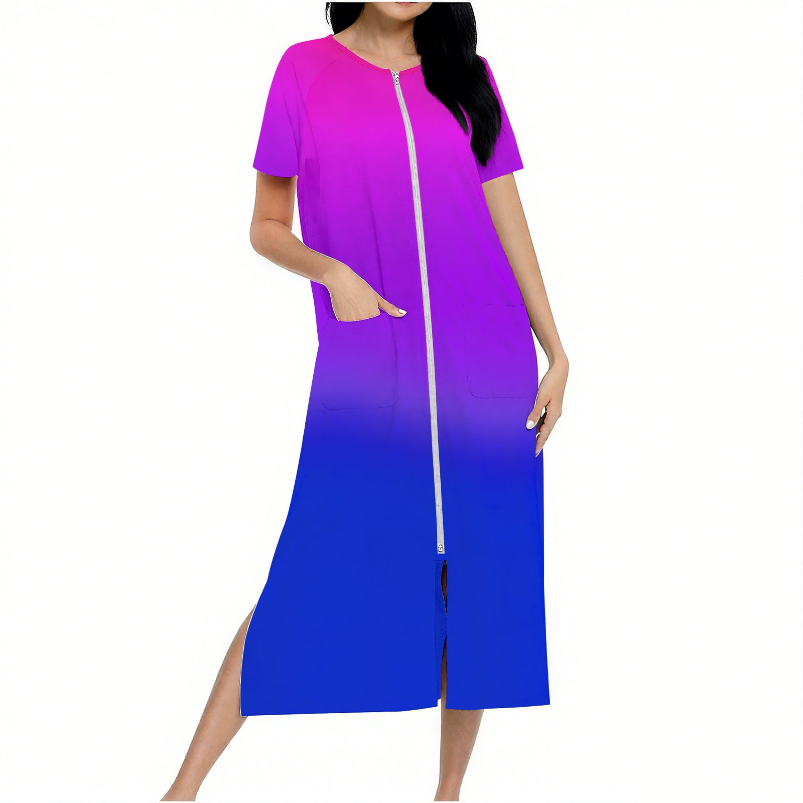 Fengactive Zipper Front Nightgown for Women Gradient Loose Pajamas ...