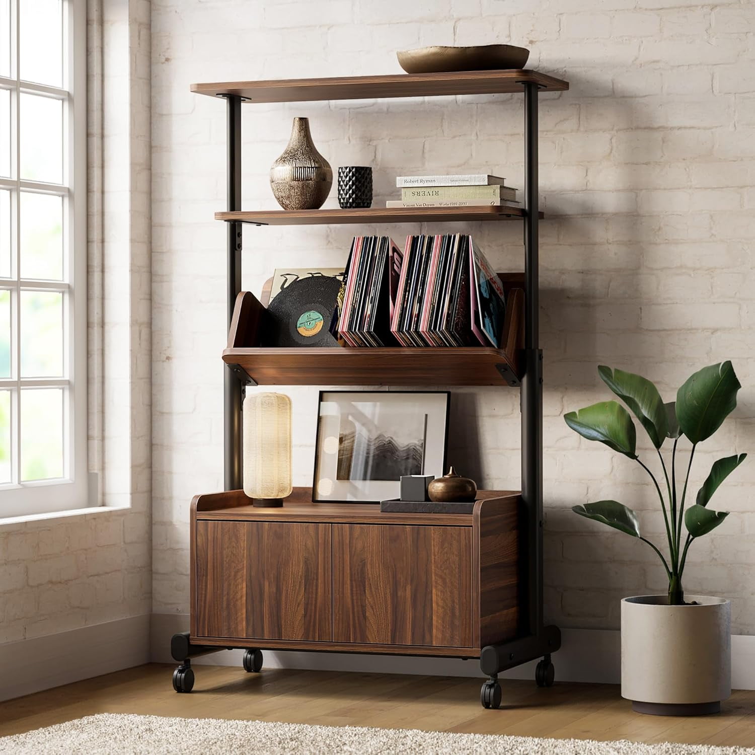 Fenge Bookshelf with Cabinet, 4 Tier Bookcase with Door, 51.6" Book Storage Organizer with ...