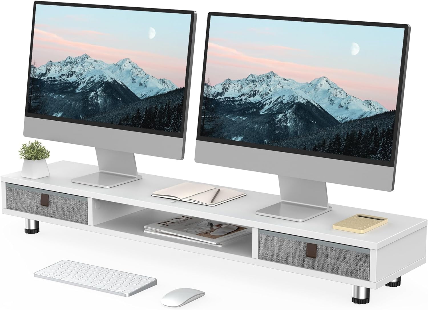 Fenge Dual Monitor Stand with 2 Drawers - Adjustable Height Computer ...