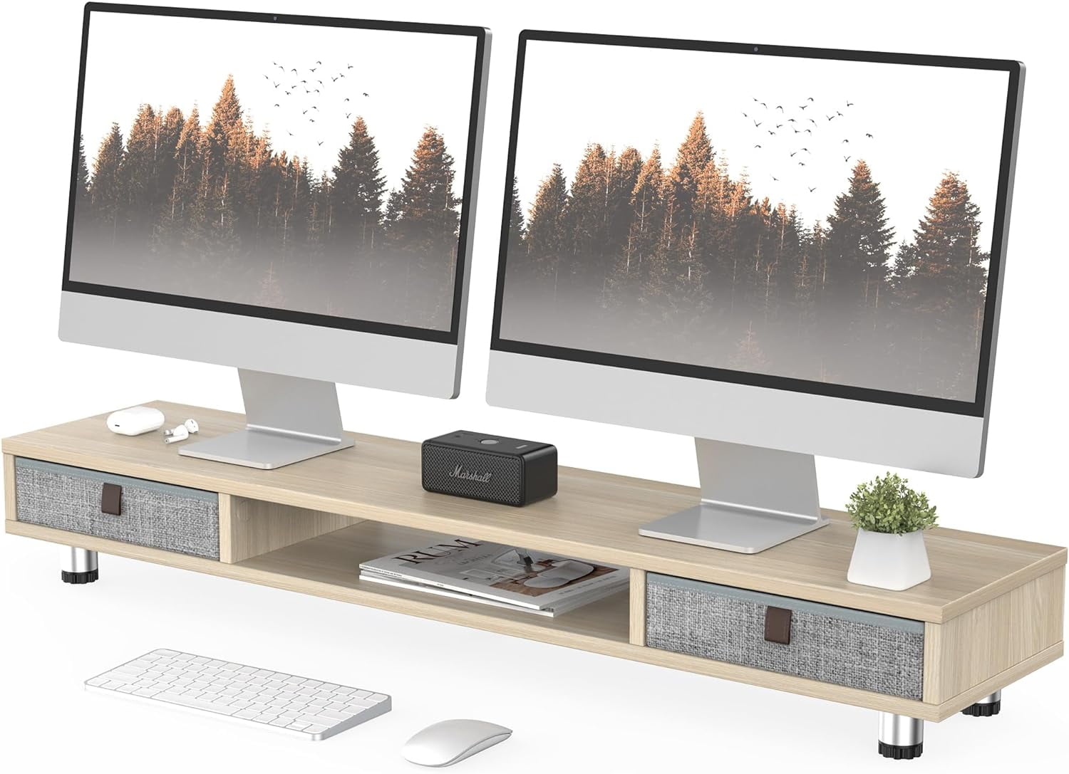 Fenge Monitor Stand, Dual Monitor Stand with 2 Drawers, Monitor Riser ...