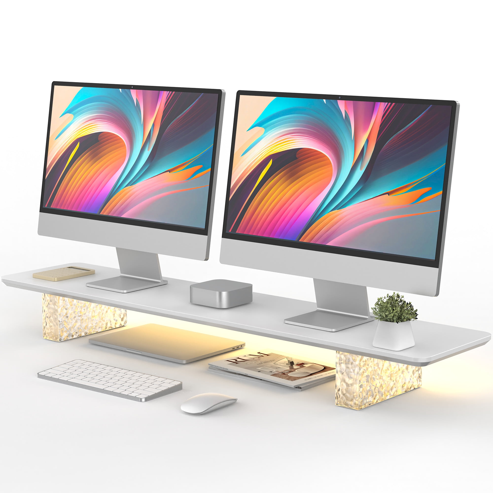 Fenge Wood Crystal Bricks Dual Computer Monitor Stand for Desk with LED Light Walmart