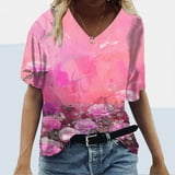 Fengqque 2025 Women's Summer Printed V-Neck Loose Fit Casual T-Shirt ...
