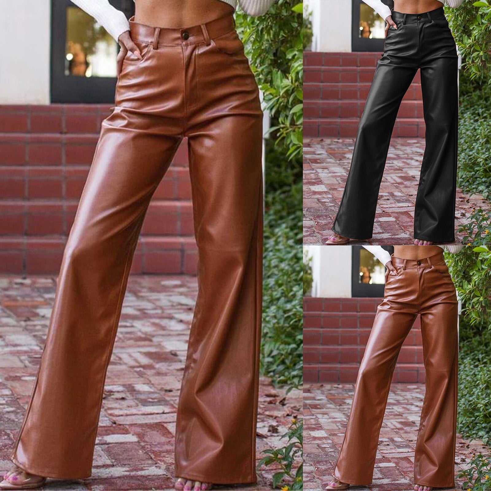 Fengqque Black Faux Leather Pants for Women High Waisted Flare Cargo ...