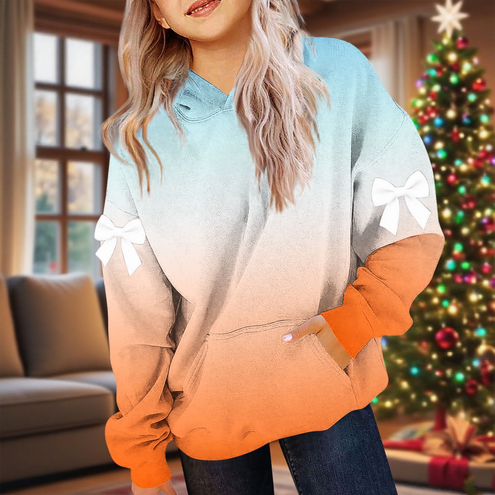 Fengqque Children's Casual Daily Long Sleeved Hoodie Gradient Color Bow ...