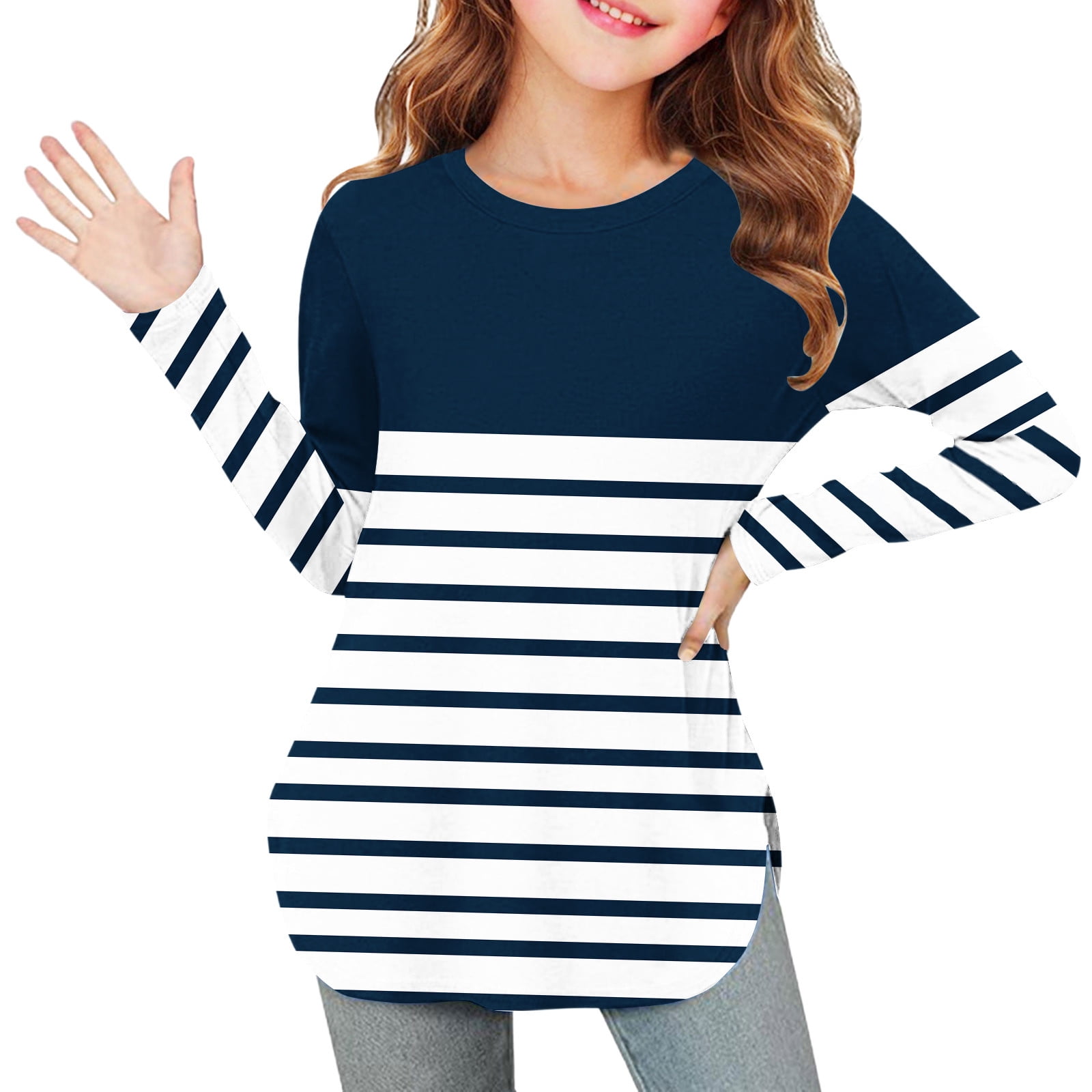 Fengqque Girls Long Sleeve Round Neck Striped Print Shirts Curve Hem ...