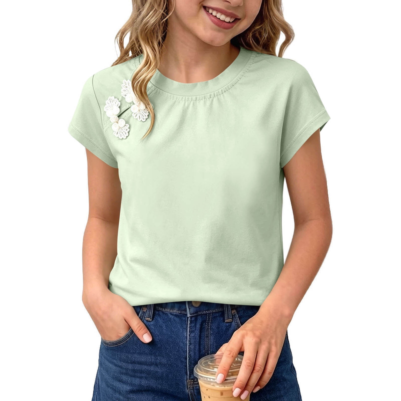 Fengqque Girls Short Sleeve Cotton T Shirts Round Neck Side Frog ...