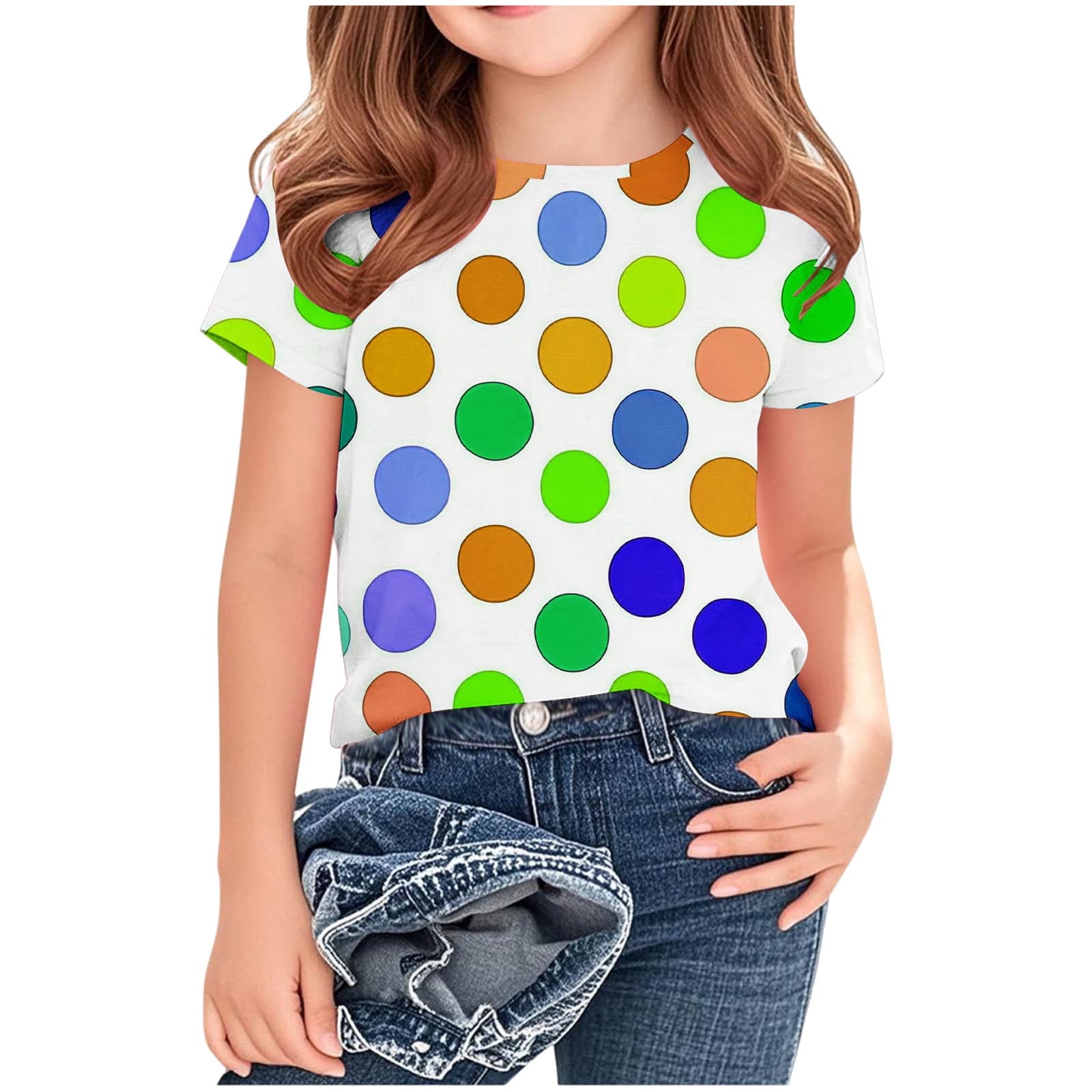 Fengqque Girls Summer Short Sleeve T-Shirt Multi-Color Polka Dot Print ...