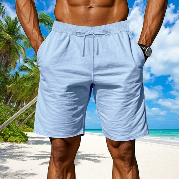 Fengqque Linen Shorts Men Comfy Summer Elastic Waist Casual Beach ...